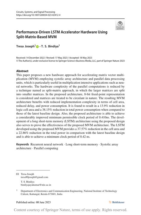Performance Driven Lstm Accelerator Hardware Using Split Matrix Based Mvm Request Pdf