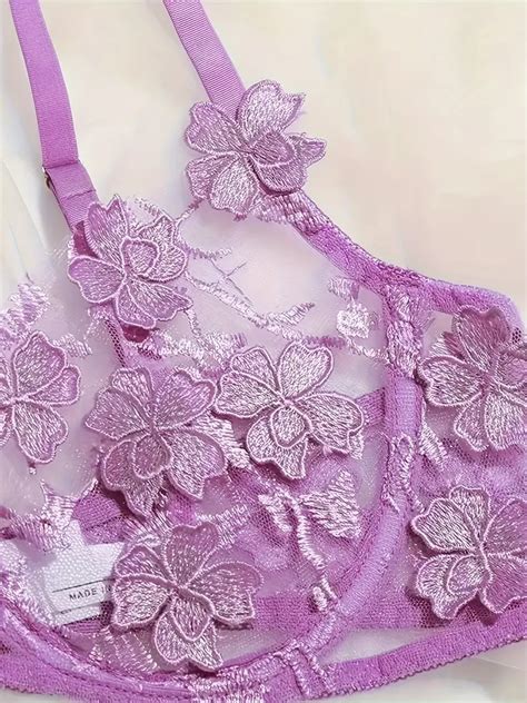 Floral Embroidery Lingerie Set Mesh Unlined Bra Sheer Thong Temu
