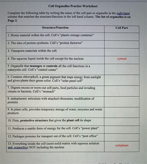 Solved Cell Organelles Practice Worksheet Complete The