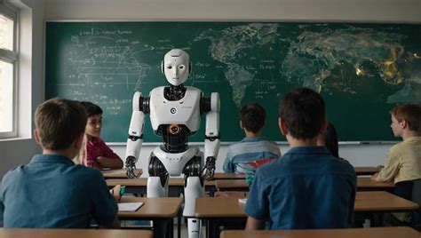 Advanced Ai Robot Positioned At The Chalkboard In The School Classroom Teaching Group Of