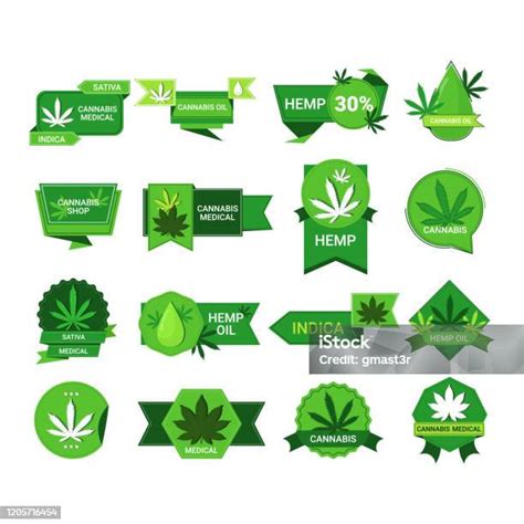 세트 마리화나 잎 스티커 Cbd 오일 라벨 대마 간자 대마초 대마초 배지 의료 제약 산업 사업 회사 로고 컬렉션 플랫 대마초에 대한 스톡 벡터 아트 및 기타 이미지 Istock