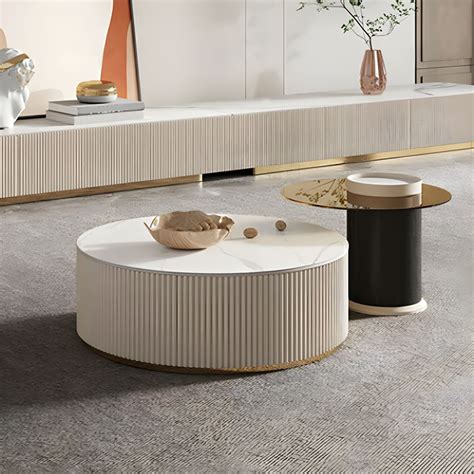 Modern White Marble Coffee Tables Set Of 2 With Round Drum Base And