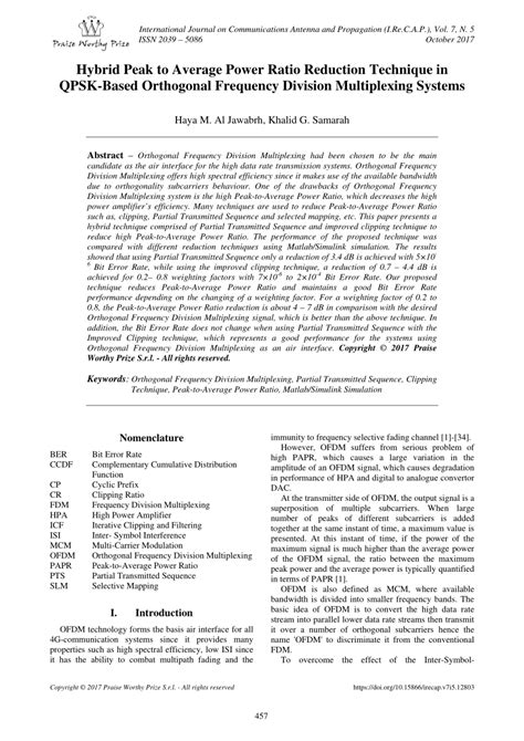 Pdf Hybrid Peak To Average Power Ratio Reduction Technique In Qpsk Based Orthogonal Frequency