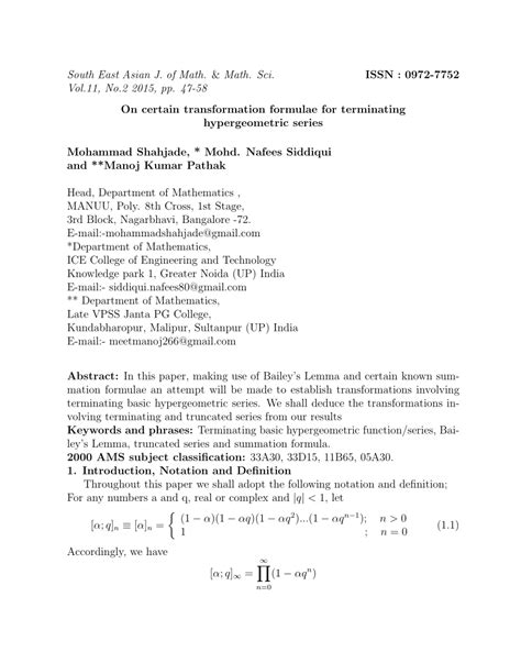 Pdf On Certain Transformation Formulae For Terminating Hypergeometric Series