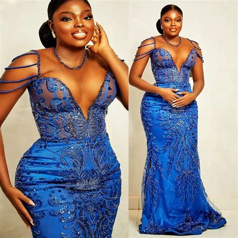 Royal Blue Mermaid Blue Sparkly Prom Dress With Sheer Neckline Beaded