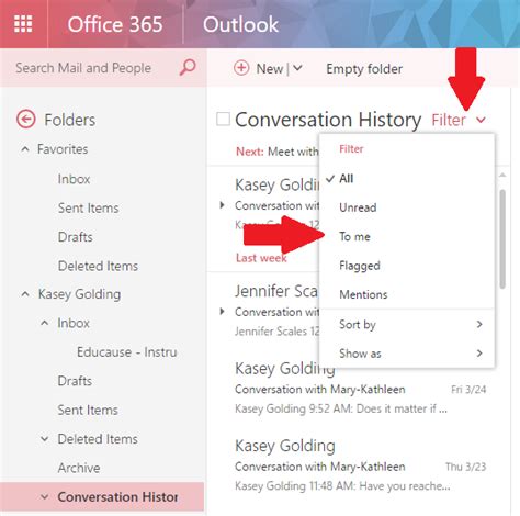 Filtering Conversation History Folder In Outlook Online