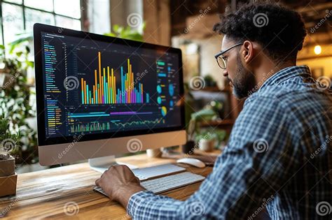 Young Professional Analyzing Colorful Data Visualizations On A Computer In A Cozy Workspace