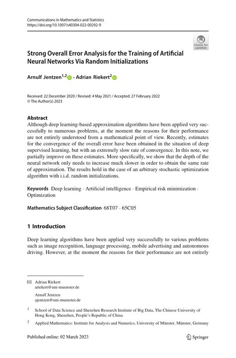 Pdf Strong Overall Error Analysis For The Training Of Artificial Neural Networks Via Random