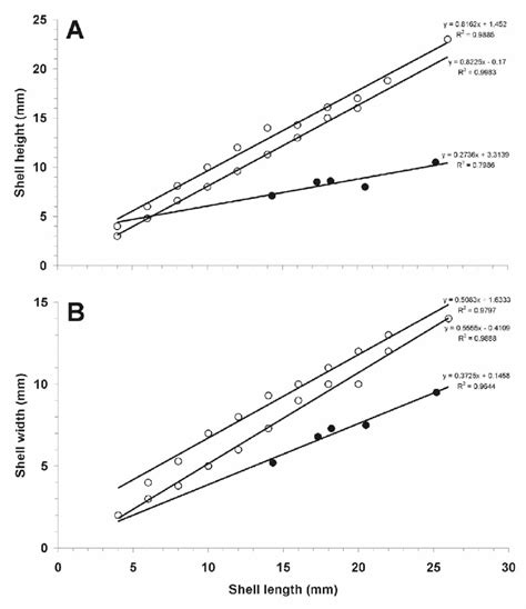 a comparison of the ratios of shell length against a shell height and