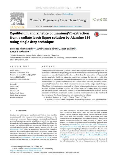 Pdf Equilibrium And Kinetic Of Uranium Vi Extraction From A Sulfate Leach Liquor Solution By