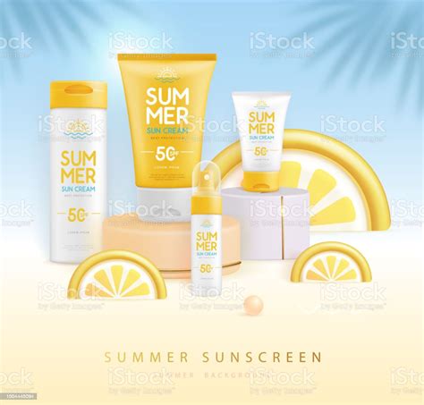 3d 연단과 레몬 또는 오렌지 조각이 있는 자외선 차단제 세트가 있는 여름 배경 화려한 여름 풍경입니다 벡터 그림 0명에 대한 스톡 벡터 아트 및 기타 이미지 Istock