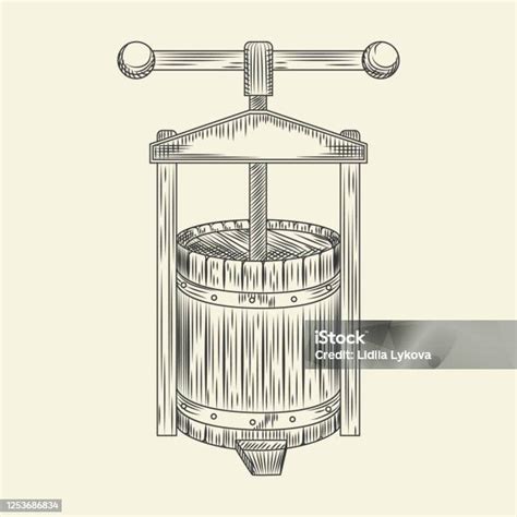 나무 와인 프레스 포도 프레스 스케치 사이다 만들기 빈티지 각인 된 스타일 과수원에 대한 스톡 벡터 아트 및 기타 이미지