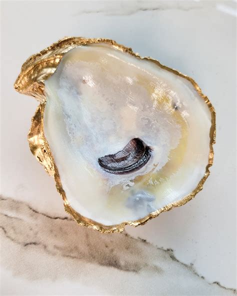 The Naked Oyster Shell Accented With A Gold Trim Ring Dish Hand Made Decoupage Shell Etsy