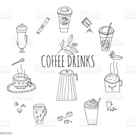 손으로 그린 낙서 벡터 는 유리와 플라스틱 컵과 커피 냄비에 다양한 커피 음료 세트의 일러스트 흰색 배경에 격리 개체 그룹에 대한 스톡 벡터 아트 및 기타 이미지 Istock