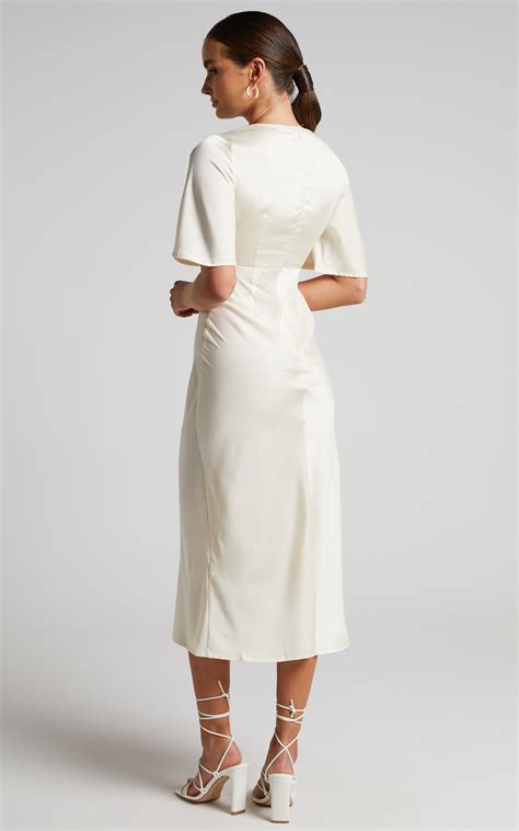 Nicholla Midi Dress Ruched Front Angel Sleeve Slip Dress In Champagne