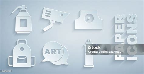 텍스트 아트 스프레이 캔 노즐 캡 학교 배낭 페인트 스프레이 보안 카메라 및 총 아이콘으로 말풍선을 설정합니다 벡터 3차원 형태에 대한 스톡 벡터 아트 및 기타 이미지