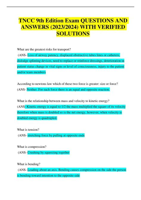 Tncc 9th Edition Questions And Answers 2023 2024 Best Graded Solution Exam Tncc 9th Edition