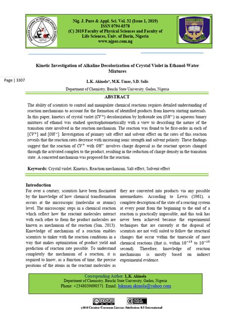 Kinetic Investigation Of Alkaline Decolorization Of Crystal Violet In Ethanol Water Mixtures