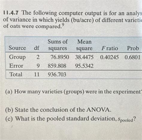 Solved 1147 The Following Computer Output Is For An Analys