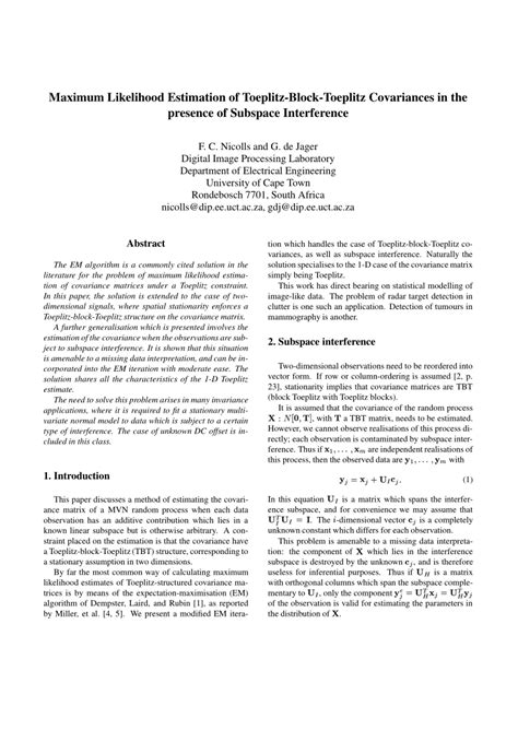 PDF Maximum Likelihood Estimation Of Toeplitz Block Toeplitz Covariances In The Presence Of