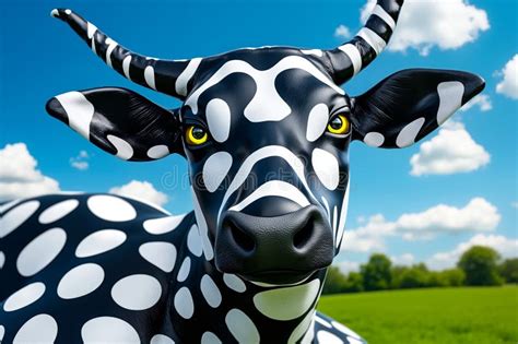 A Black And White Cow Statue In A Field Of Green Grass Stock Image