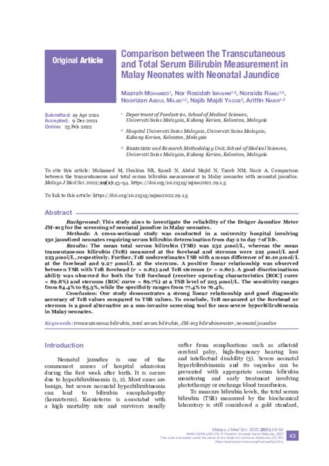 Pdf Comparison Between The Transcutaneous And Total Serum Bilirubin Measurement In Malay