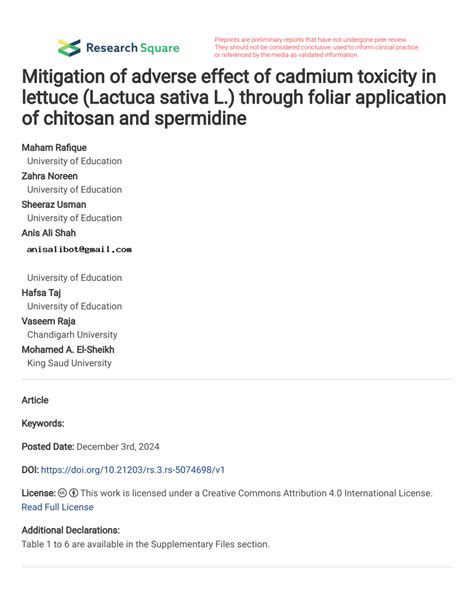 Pdf Mitigation Of Adverse Effect Of Cadmium Toxicity In Lettuce Lactuca Sativa L Through