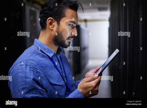 Tablet Man And Reading In Server Room Of Technician Programming At Night Information