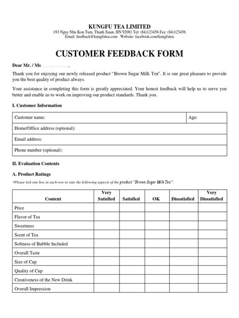 Customer Feeback Form Tea Business