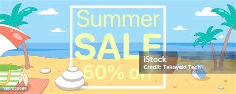 해변과 바다여름 수평 판매 배너 50 할인 쿠폰 광고 전단지에 대한 배너 디자인 템플릿 해변 바다 전망 해변 우산 및 기타 휴가 여름 물건 배경에 팜 50퍼센트에 대한 스톡