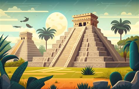 Ilustración De Dibujos Animados Ciudad Azteca Con Pirámides Mayas Y