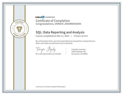 Certificate Ofcompletion Sql Data Reporting And Analysis Ppt