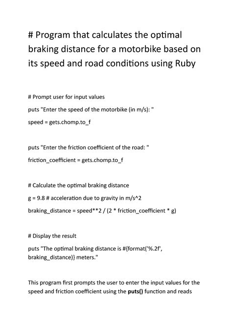 Program That Calculates The Optimal Braking Distance For A Motorbike Based On Its Speed And Road