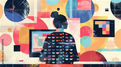 Illustration Featuring A Girl From The Back Immersed In Learning To Code Abstract Shapes