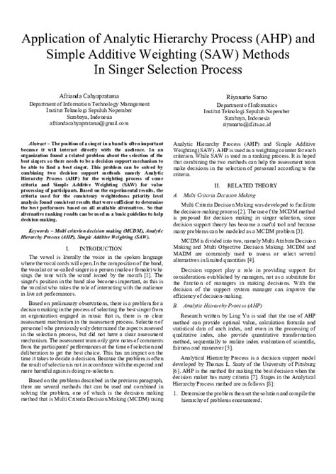 Pdf Application Of Analytic Hierarchy Process Ahp And Simple Additive Weighting Saw