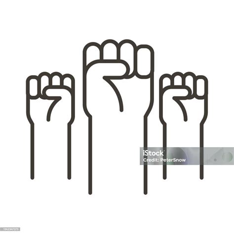 주먹을 쥐고 팔을 들어 올렸다 혁명 사회 문제 폭동 힘 및 성공의 개념을위한 벡터 얇은 라인 아이콘 군중 전원 표지판 자신감에 대한 스톡 벡터 아트 및 기타 이미지 Istock