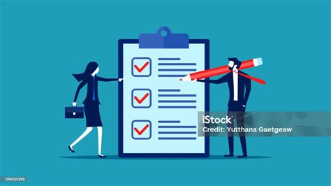 한 사업가가 신뢰성을 보여주는 보고서를 작성합니다 체크리스트를 만듭니다 법과 질서 서류 작성에 대한 스톡 벡터 아트 및 기타 이미지 서류 작성 가공의 인물 개념