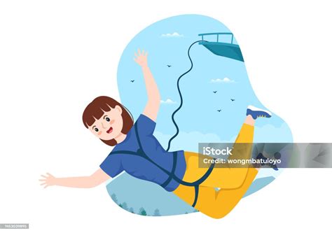 평평한 만화 익스트림 스포츠 벡터 템플릿의 높이에서 점프하는 탄성 밧줄을 착용한 사람이 떨어지는 번지 점프 그림 교량에 대한