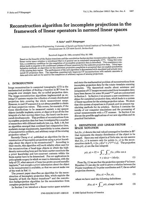 Pdf Reconstruction Algorithm For Incomplete Projections In The Framework Of Linear Operators