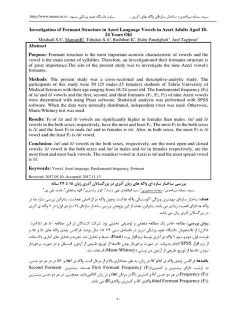 Investigation Of Formant Structure In Azeri Language Vowels In Azeri Adults Aged 18 Pdf