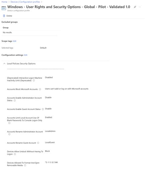 User Rights And Security Options Intune Configuration Profile