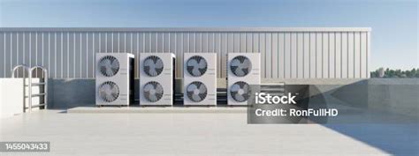 산업 플랜트 공장의 옥상에 있는 응축기 장치 또는 압축기의 3d 렌더링 Ac 또는 에어컨 Hvac 또는 난방 환기 및 에어컨 시스템 장치 모터 펌프 및 팬 내부 열펌프에