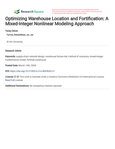 Pdf Optimizing Warehouse Location And Fortification A Mixed Integer
