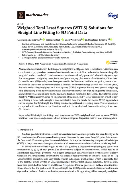 Pdf Weighted Total Least Squares Wtls Solutions For Straight Line Fitting To 3d Point Data