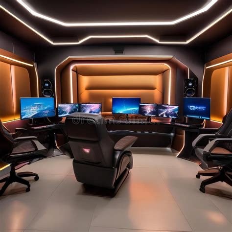 A Spaceship Themed Gaming Room With Console Stations Led Lighting And