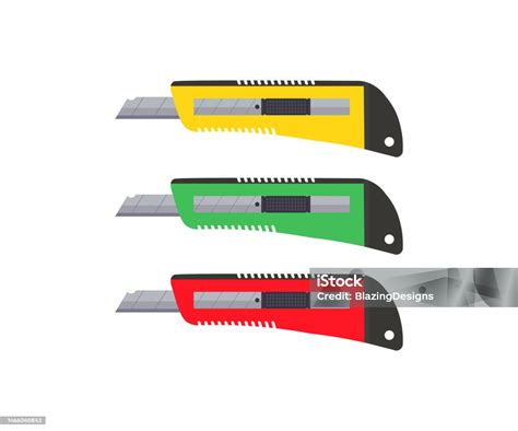 문구 칼 옐로우 그린 레드 종이 절단 상자 커터 나이프 사무용품에 대 한 아이콘입니다 흰색 배경 벡터 디자인과 그림에 격리된