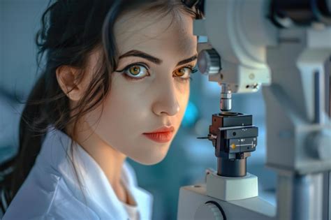 Premium Photo A Woman In A Lab Coat Using A Microscope Suitable For