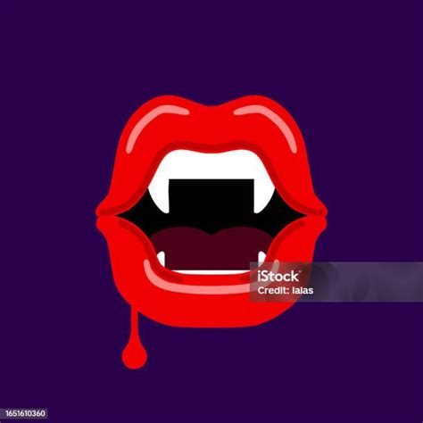 피 묻은 뱀파이어 입술 송곳니 벡터 아이콘이 있는 뱀파이어 입 길고 뾰족한 이빨과 피 묻은 타액이 뚝뚝 떨어지는 만화 열린