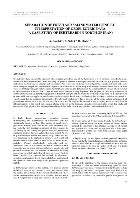 Pdf Separation Of Fresh And Saline Water Using By Interpretation Of Geoelectric Data A Case