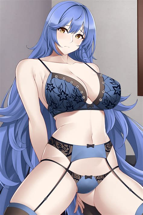Rule 34 Arms Behind Back Aslindsamure Blue Hair Blue Lingerie Blush Breasts Cleavage